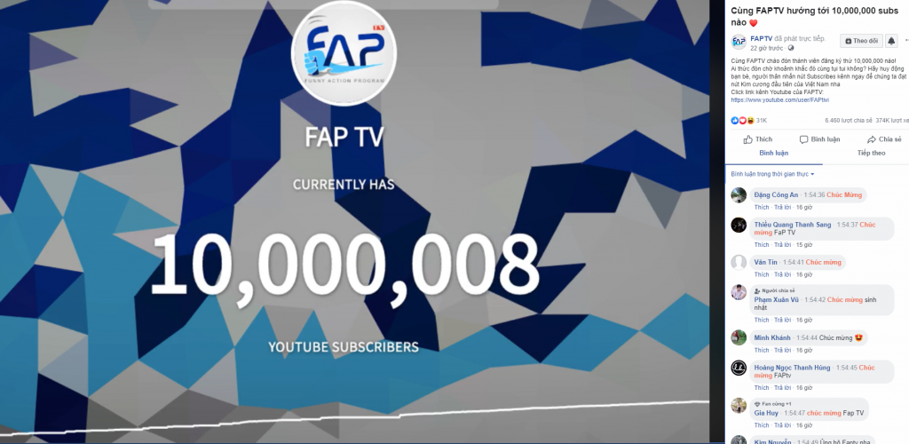 Channel Việt Nam đầu tiên chạm mốc 10 triệu sub chính là FAPTV